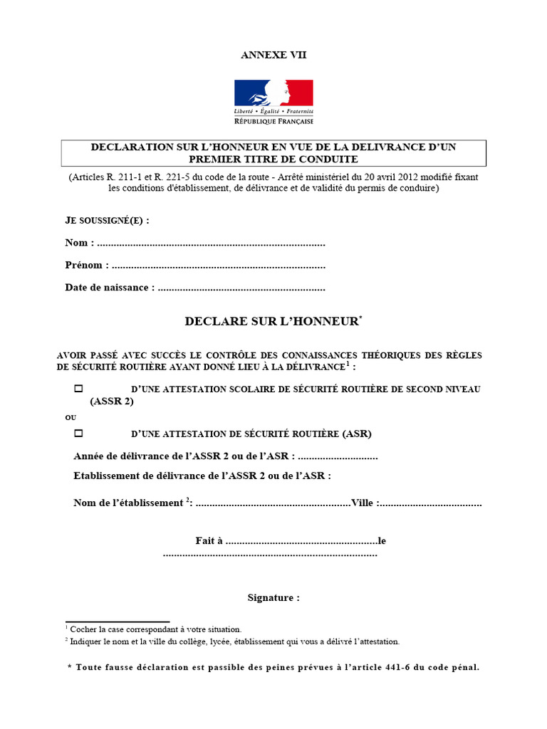 Declaration Sur L'honneur ASSR2 | PDF