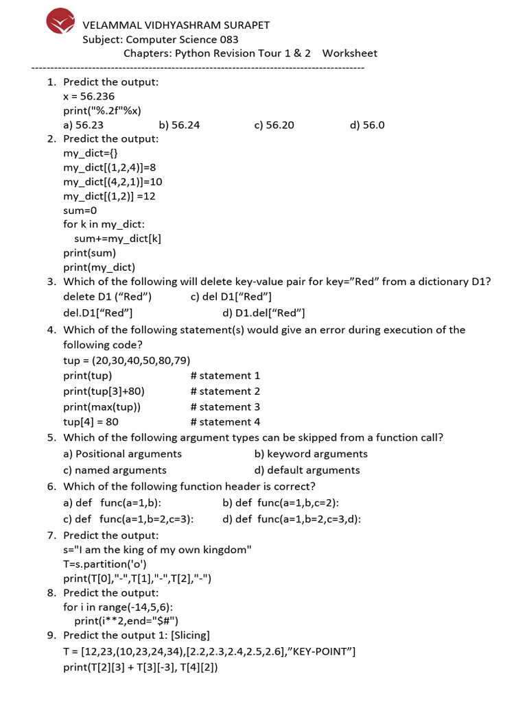 12 Cs Python Revision Tour 1and2 Worksheet Pdf Parameter Computer Programming Computer Science
