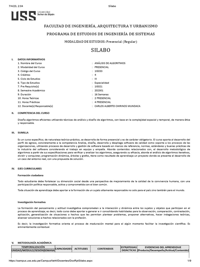 USS Sílabo - III ANÁLISIS DE ALGORITMOS | PDF