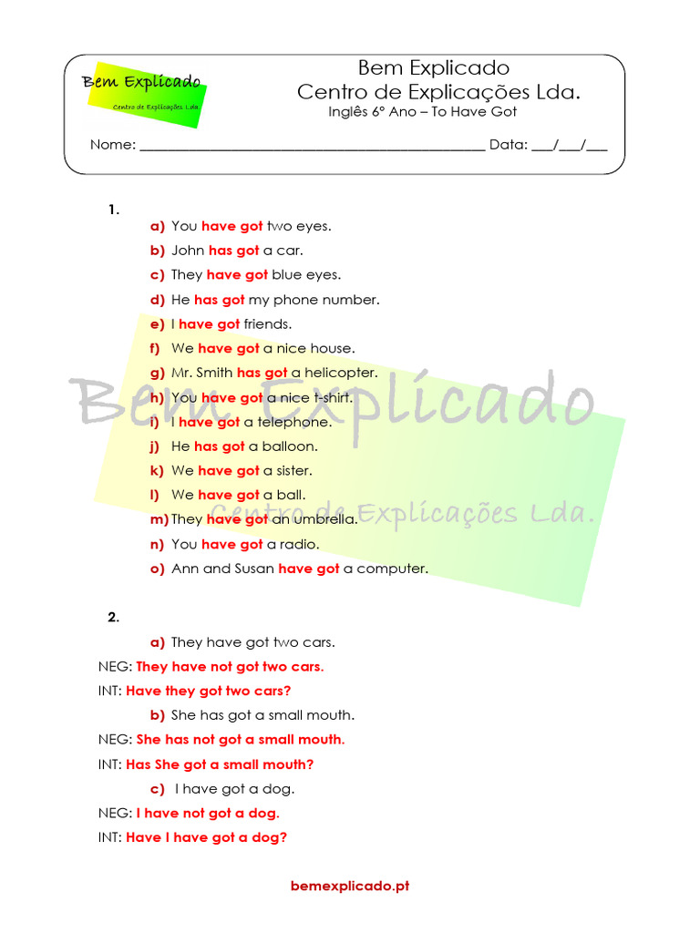 1.12 Ficha de Trabalho - Have Got (4) - Soluções | PDF