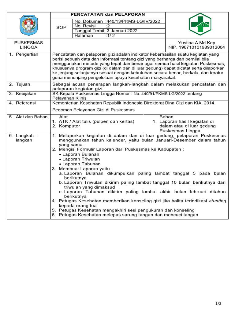 SOP Pencatatan Dan Pelaporan | PDF