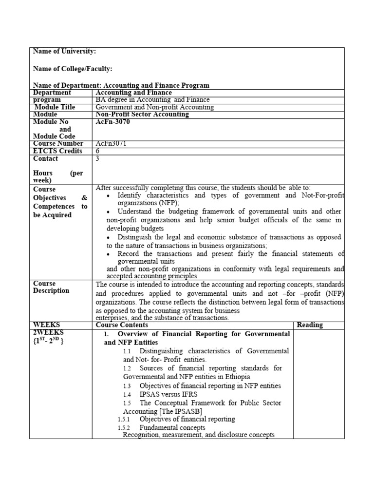 Course Outlines of G&NFPE | PDF | Accounting | Financial Statement