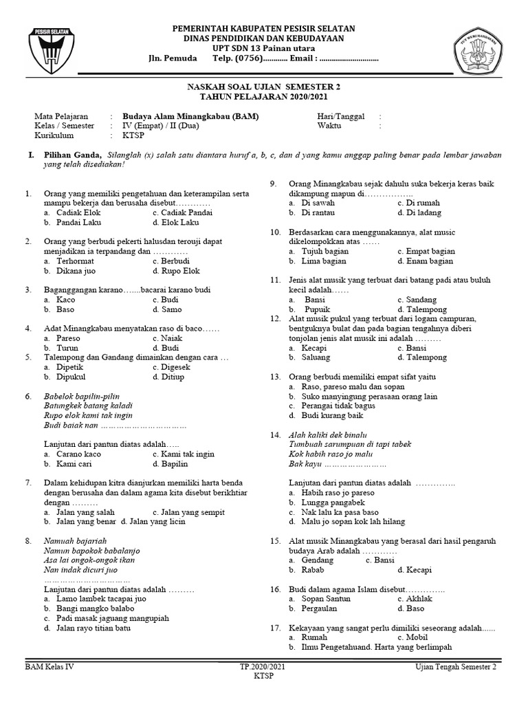 Soal Ujian BAM Kelas IV | PDF
