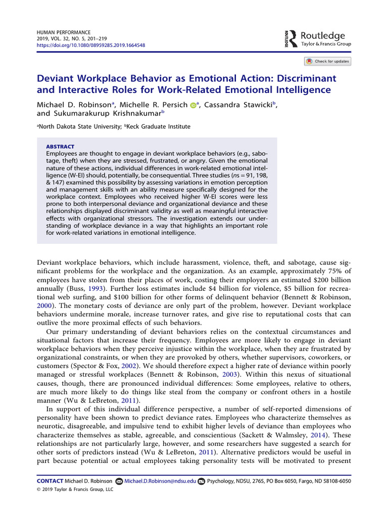 Deviant Workplace Behavior As Emotional Action | PDF