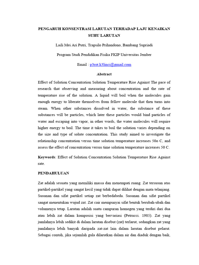 Jurnal Pengaruh Konsentrasi Larutan Terhadap Laju Kenaikan Suhu Larutan ...