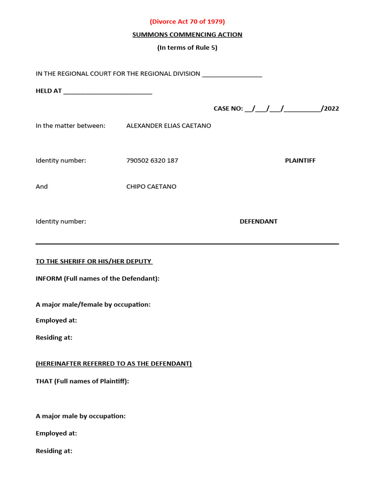 PLEADINGS PACK DIVORCE For SOUTH AFRICA | PDF | Summons | Marriage