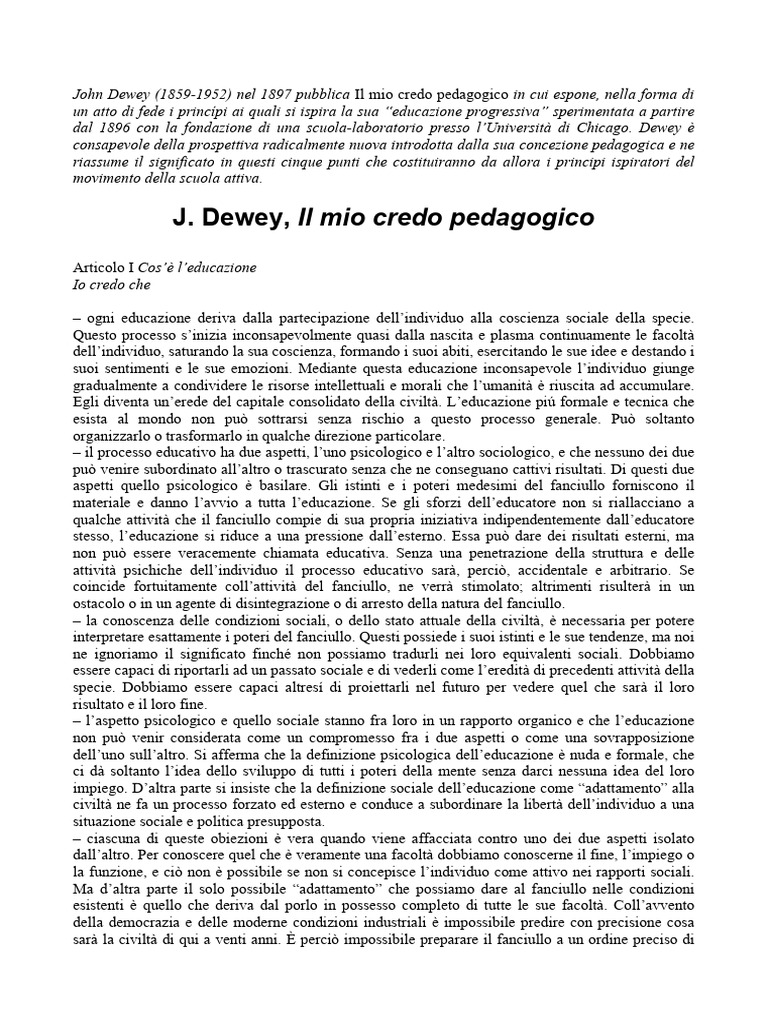 Dewey Il Mio Credo Pedagogico | PDF