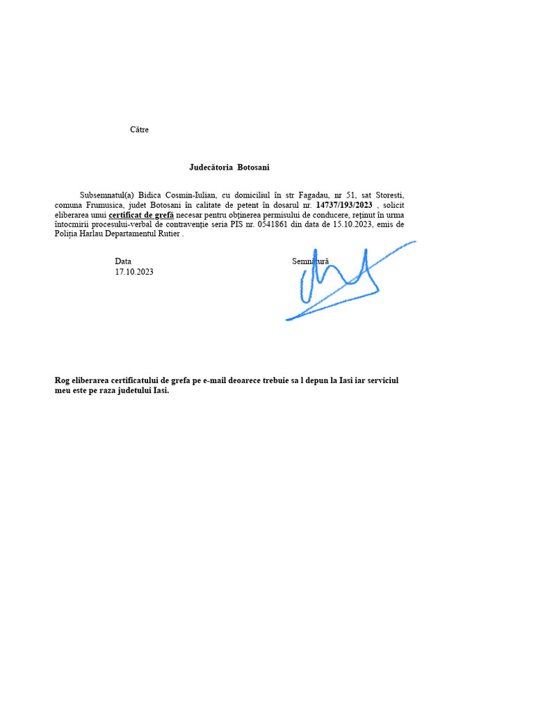 Model Cerere Certificat de Grefa PDF | PDF