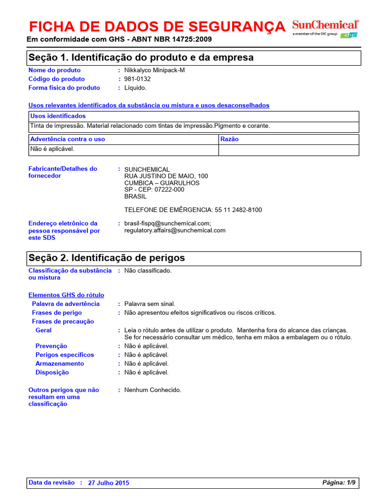 Ficha de Segurança Nikkalyco Minipack-M | PDF