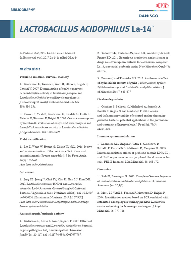 DANISCO - DUPONT - LACTOBACILLUS ACIDOPHILUS La 14TM | PDF