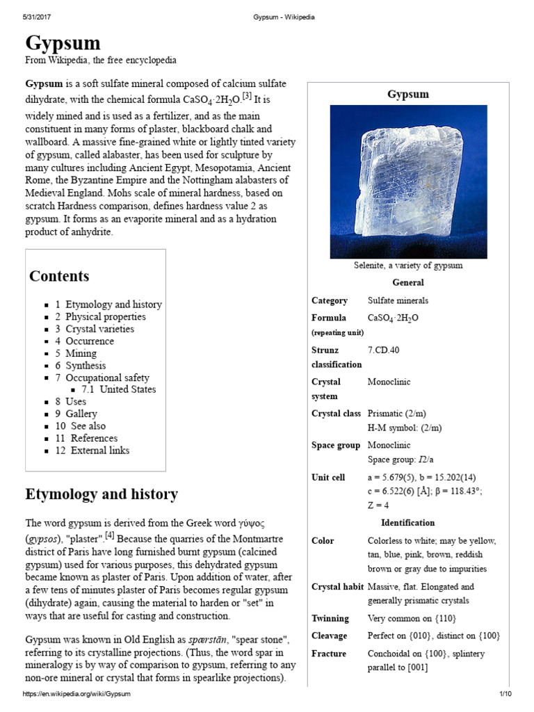 Gypsum - Wikipedia | PDF | Gypsum | Chemical Compounds