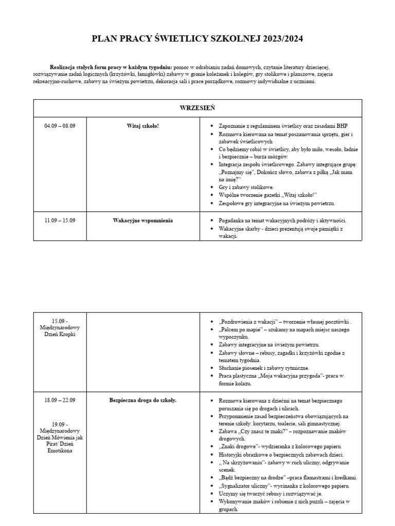 Plan Pracy Świetlicy | PDF