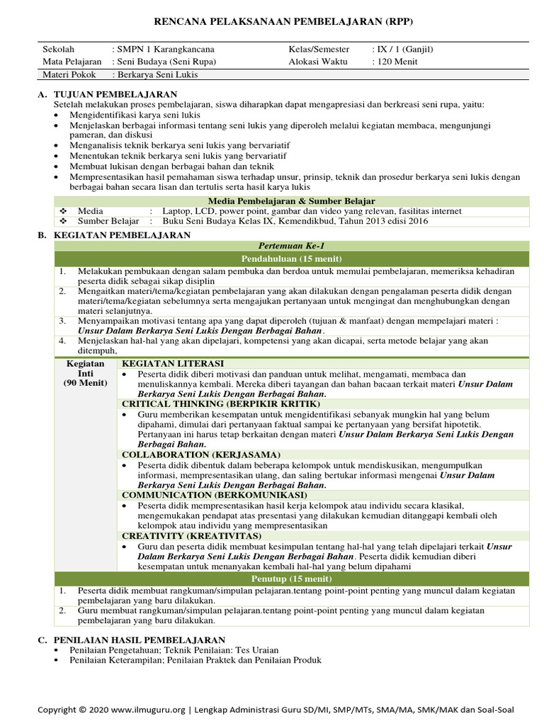 RPP Seni Rupa Kls 9 Pertemuan 1 | PDF