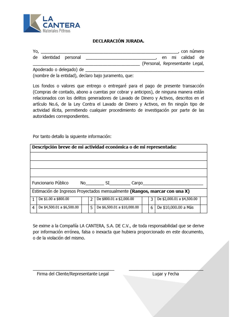 Declaracion Jurada, La Cantera | PDF