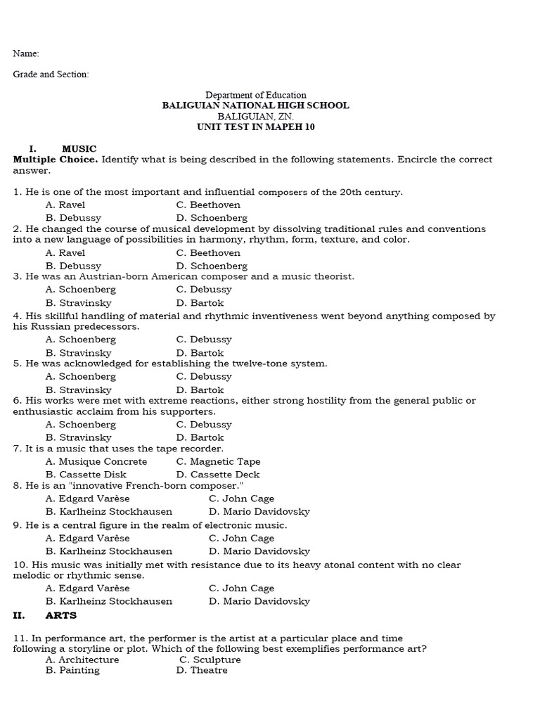 Mapeh 10 1st Quarter Exam | PDF | Cubism