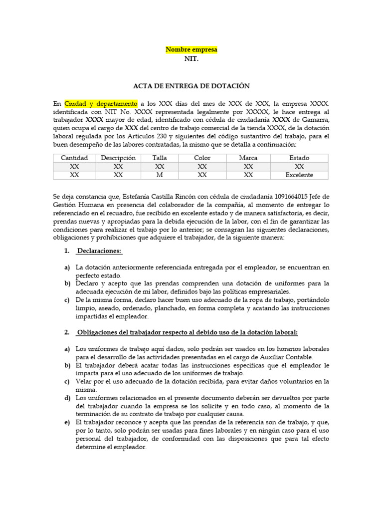 Acta de Entrega de Dotacion | PDF
