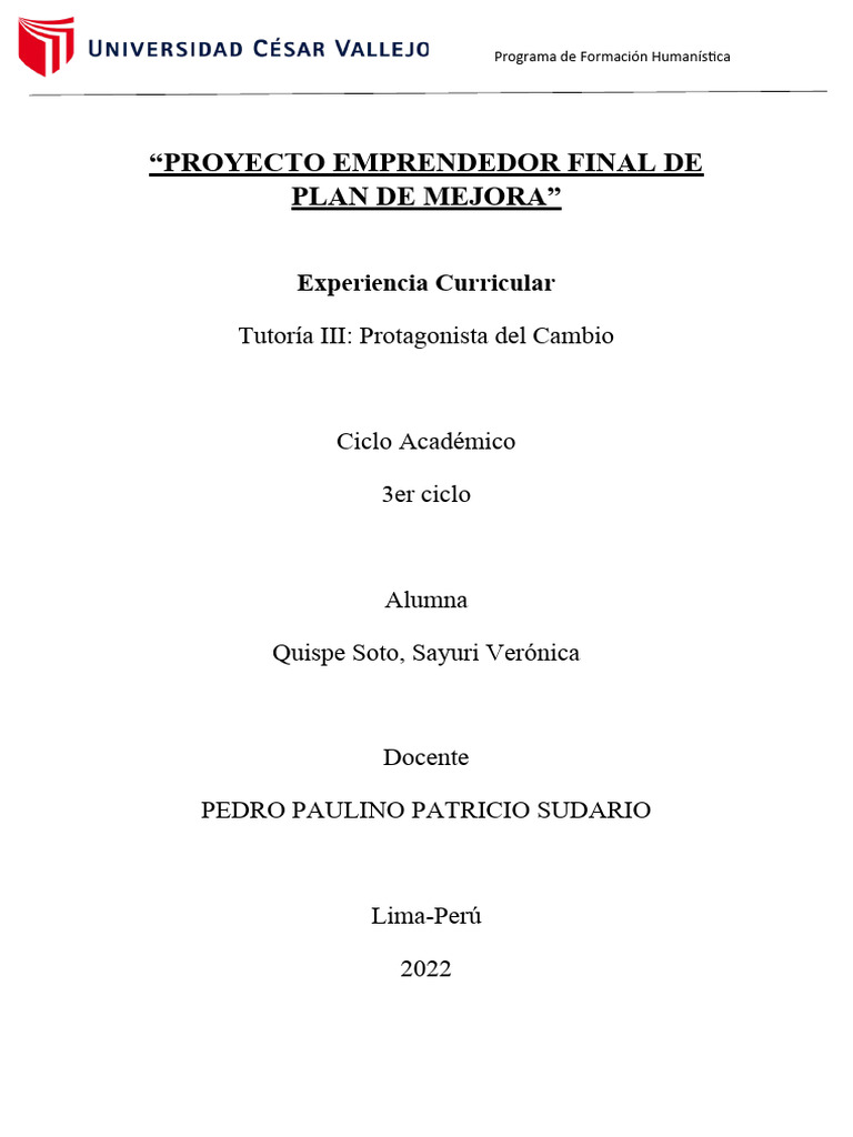 Proyecto Emprendedor Final de Plan de Mejora | PDF