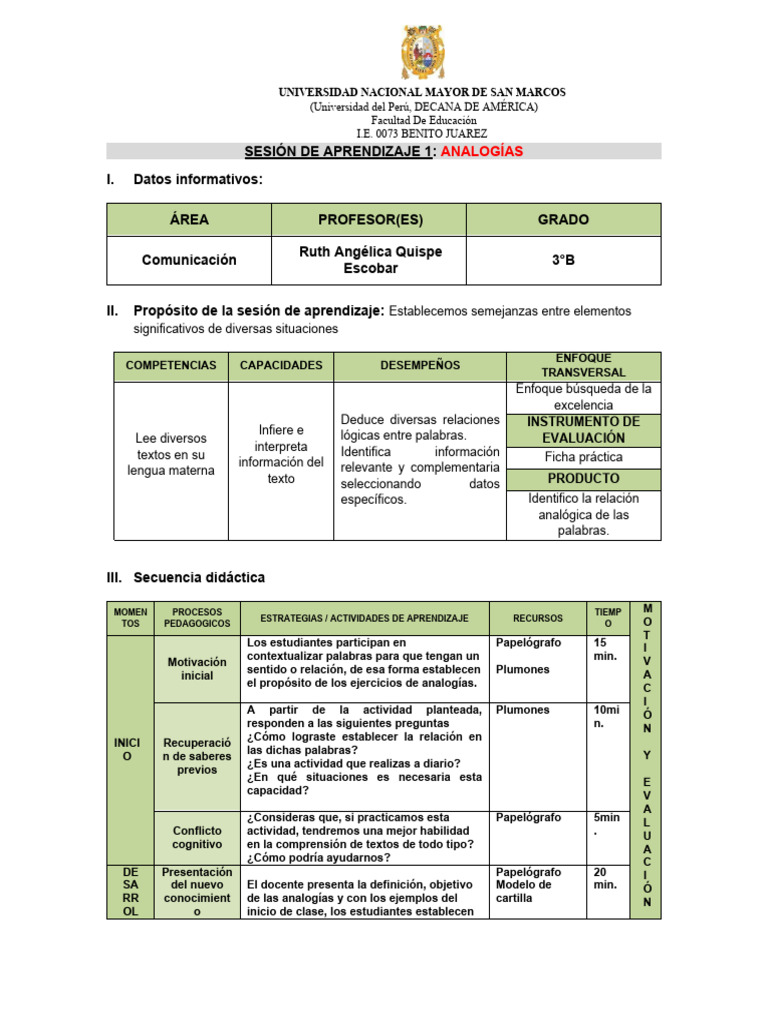 SESIÓN DE APRENDIZAJE 7: ANALOGÍAS | PDF | Aprendizaje | Evaluación