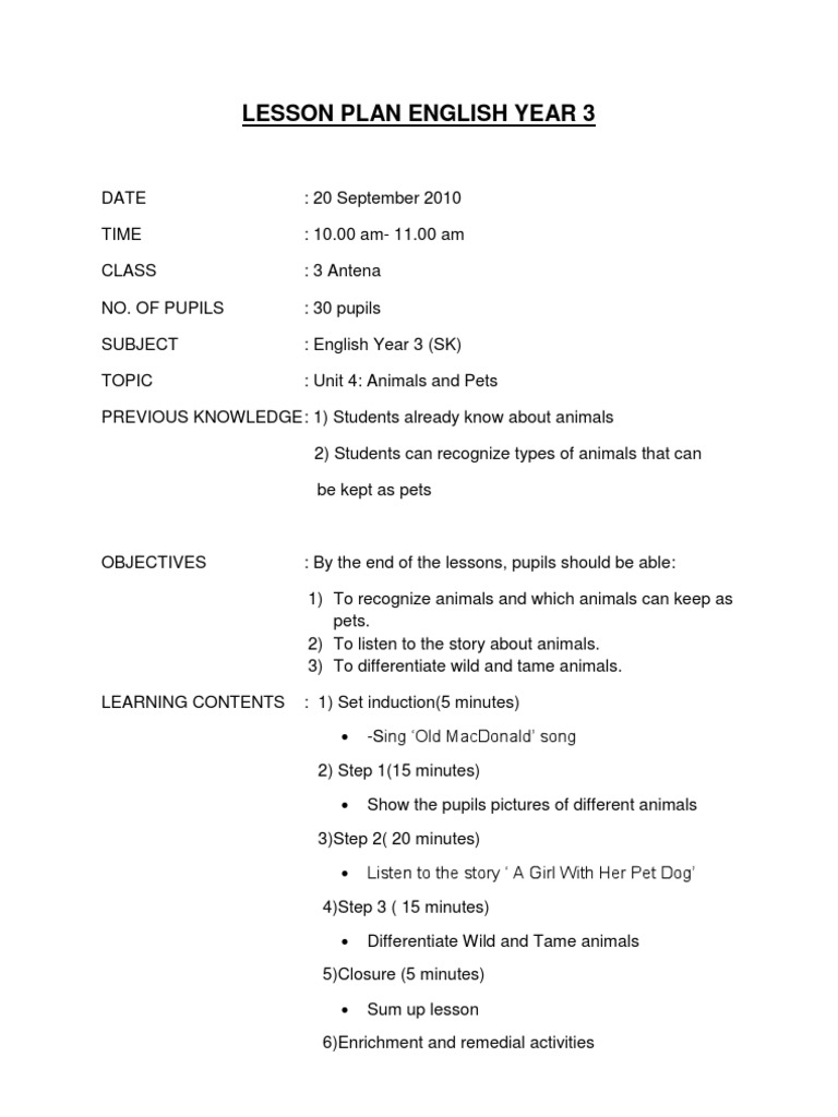 LESSON PLAN ENGLISH YEAR 3 Ilyana | PDF | Pet | Lesson Plan