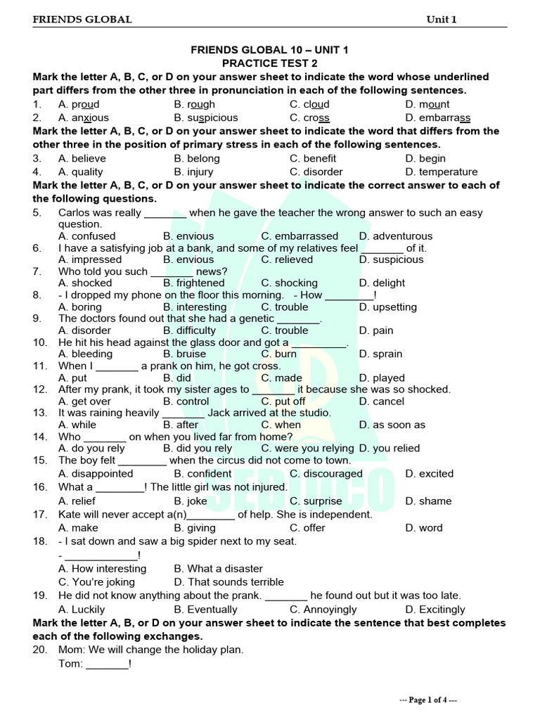 Friends Global 10 Unit 1 Practice Test | PDF