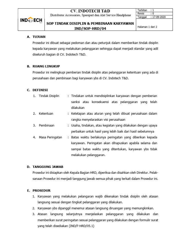 SOP Disiplin Karyawan CV Indotech T&D | PDF
