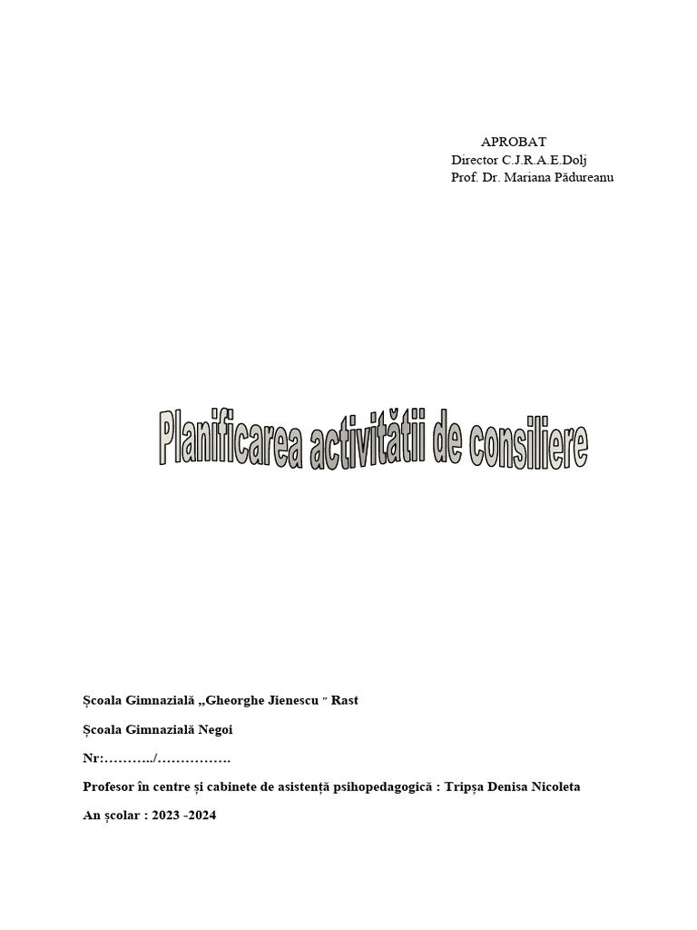 Plan de Activitate Consiliere Scolară 2023 - 2024 | PDF