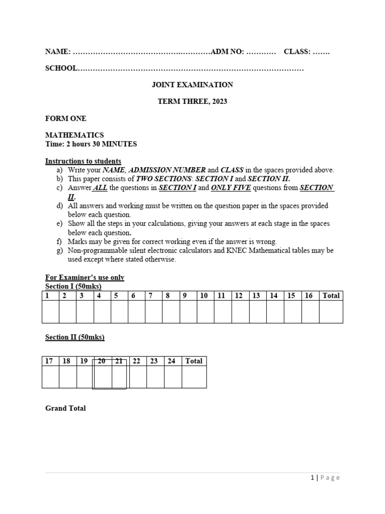 Form 1 Mathematics Term 3 Exam Paper | PDF | Circle | Area