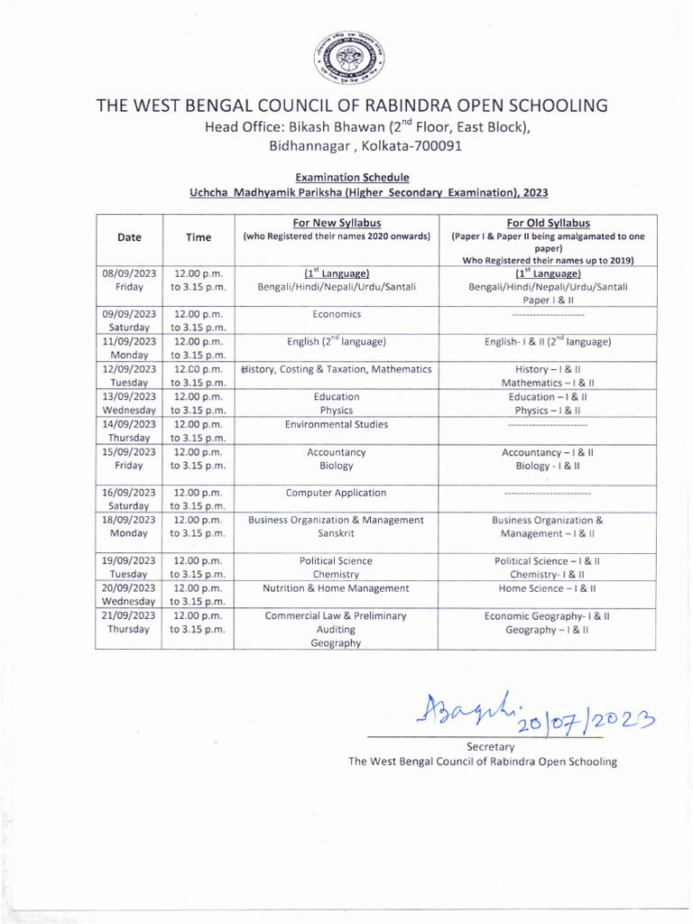 H.S Examination Schedule of 20230001 | PDF | Science