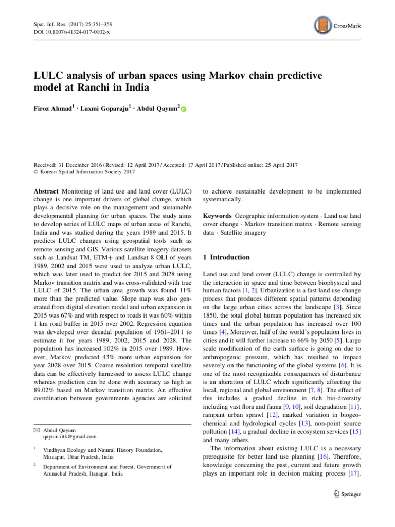 LULC Analysis of Urban Spaces Using Markov Chain Predictive | PDF | Markov Chain | Statistical ...