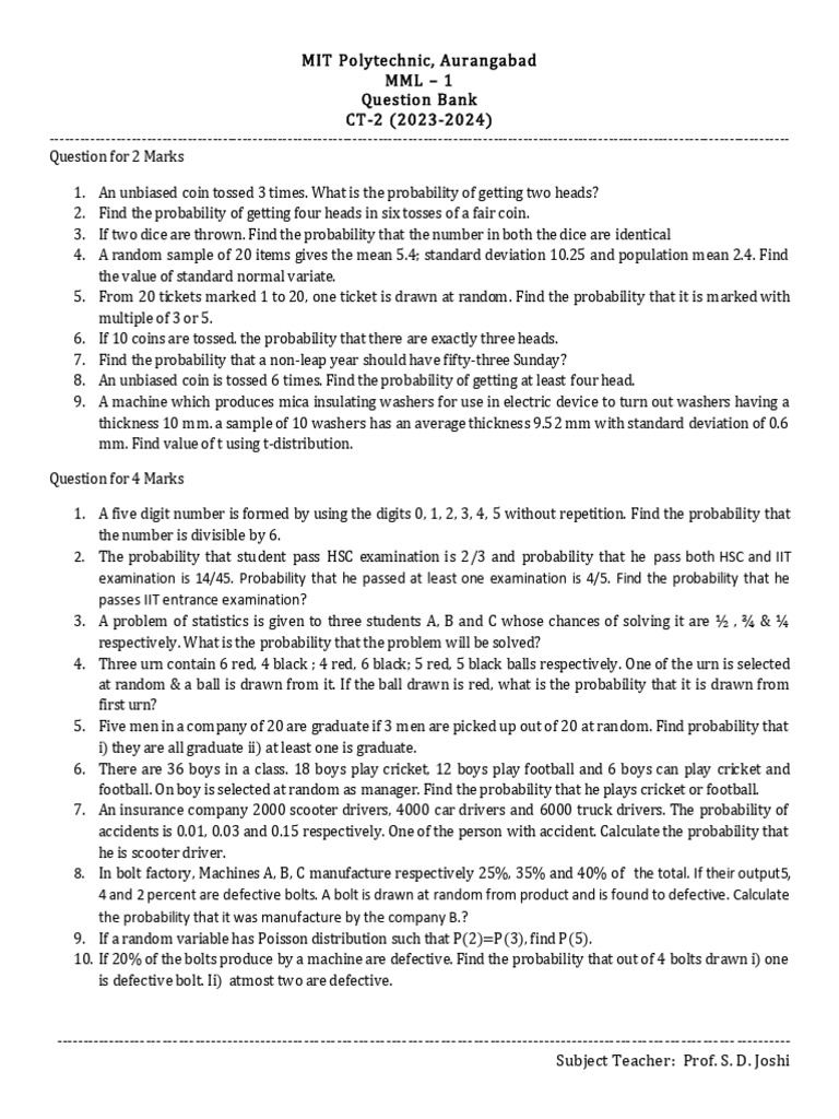 MML-1 CT 2 Question Bank | PDF | Statistical Theory | Statistics