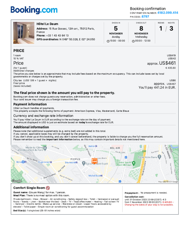 Price US$461: Booking Confirmation | PDF