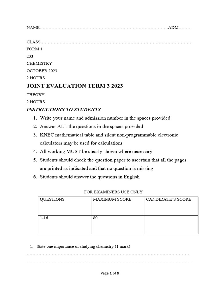 FORM 1 2023 END T3 CHEMISTRY QN - TEACHER - CO - .KE - SET - A | PDF ...