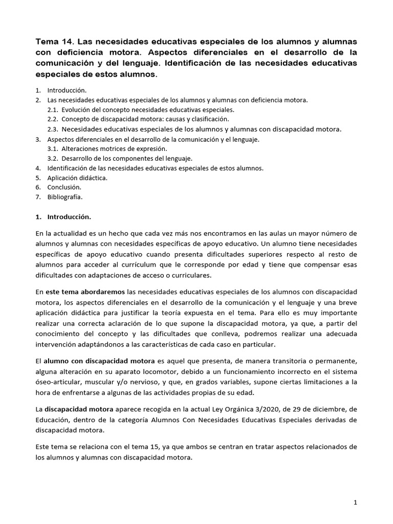 Tema 14. Las Nee de Los Alumnos y Alumnas Con Discapacidad Motora | PDF
