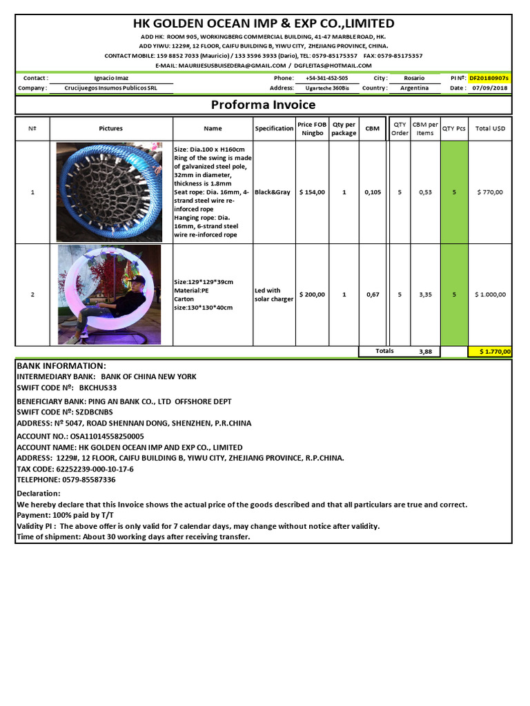 Proforma Invoice - HK Dgolden Ocean Imp | PDF