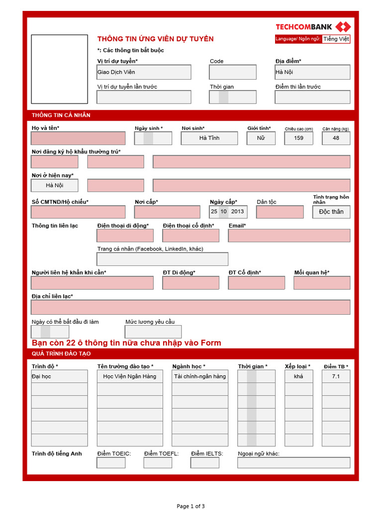 CV Ung Tuyen Vi Tri Giao Dich Vien-Nguyen Thu Thuy Techcombank | PDF