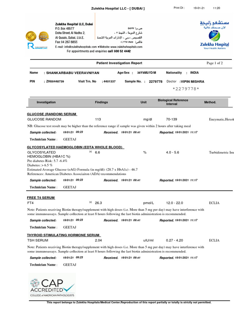 Zulekha Lab Report 20.01.2021 - VSB | PDF
