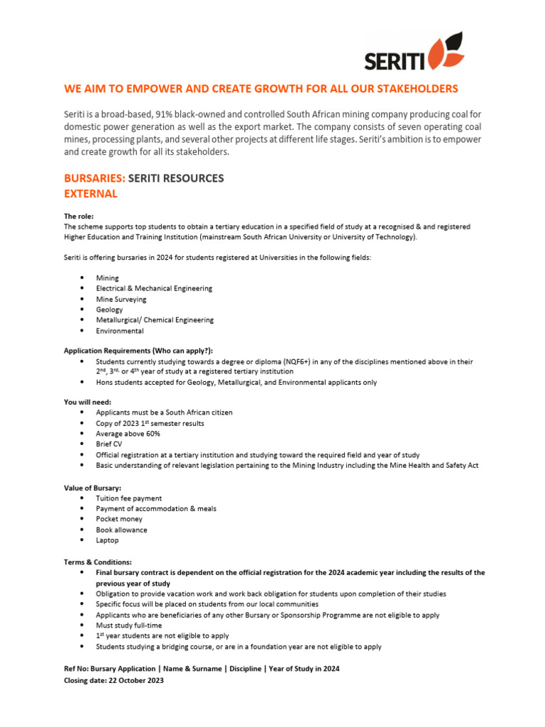 Seriti Bursary Advert 2024 | PDF