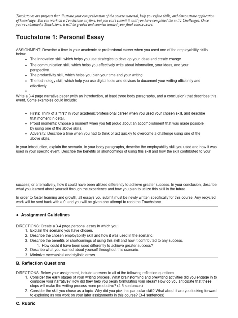 Touchstones Are Projects That Illustrate Your Comprehension of The ...