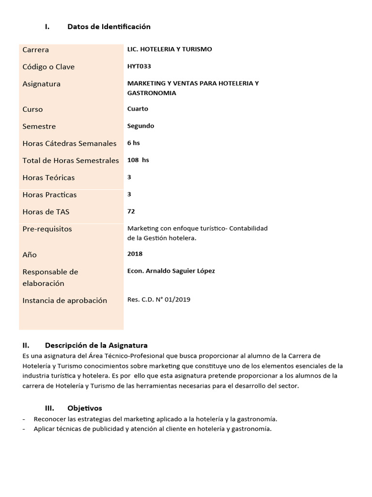 Programa de Estudio de Marketing y Ventas para Hoteleria y Gastronomia ...