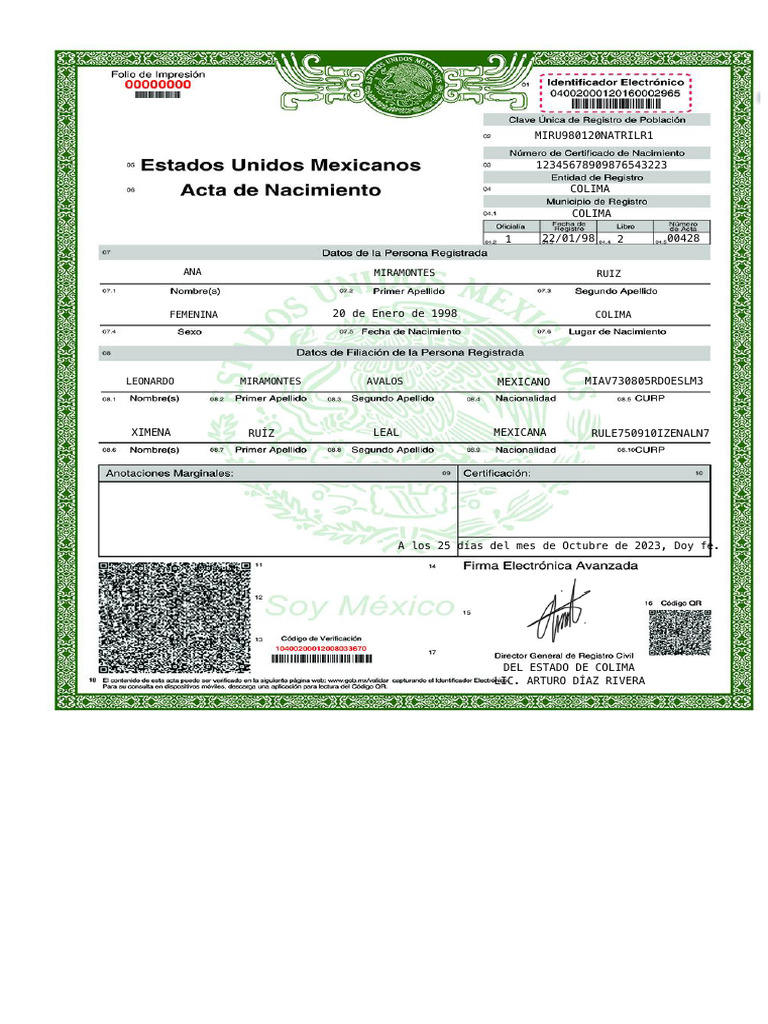 Acta de Nacimiento para Llenar | PDF