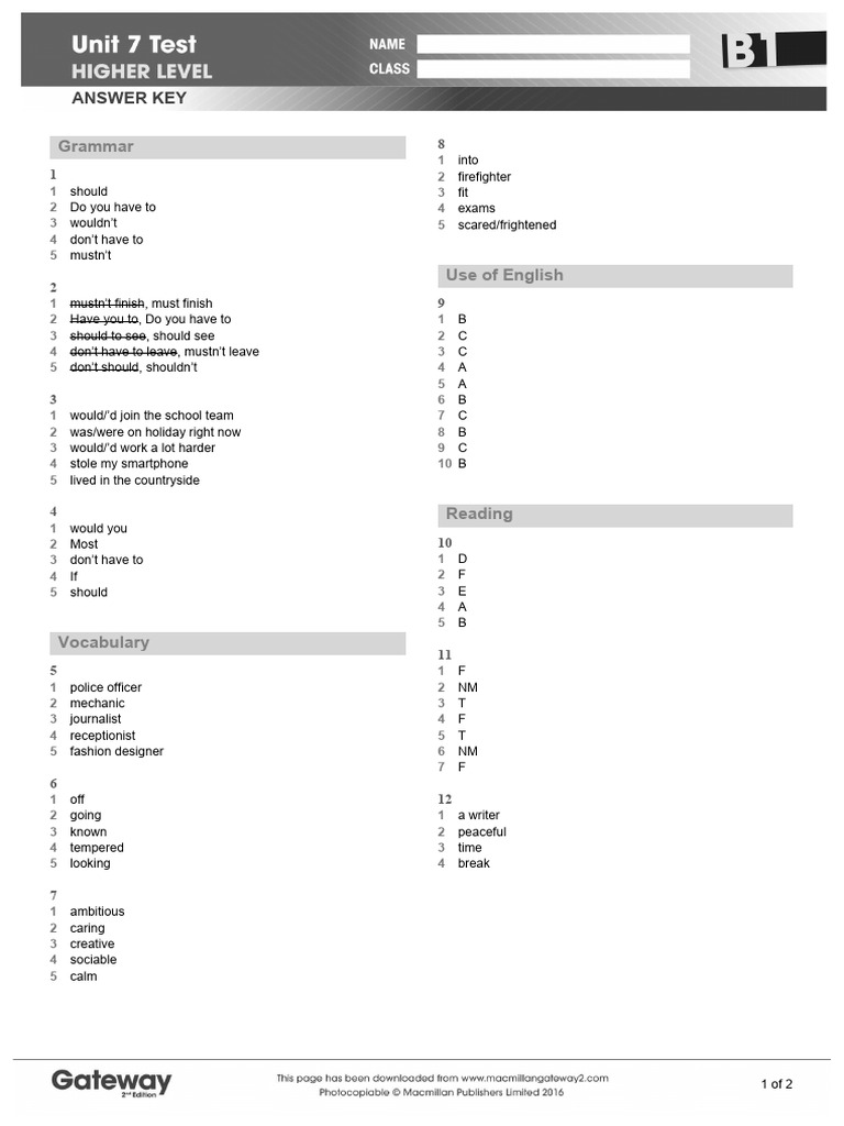 B1 UNIT 7 Test Answer Key Higher | PDF