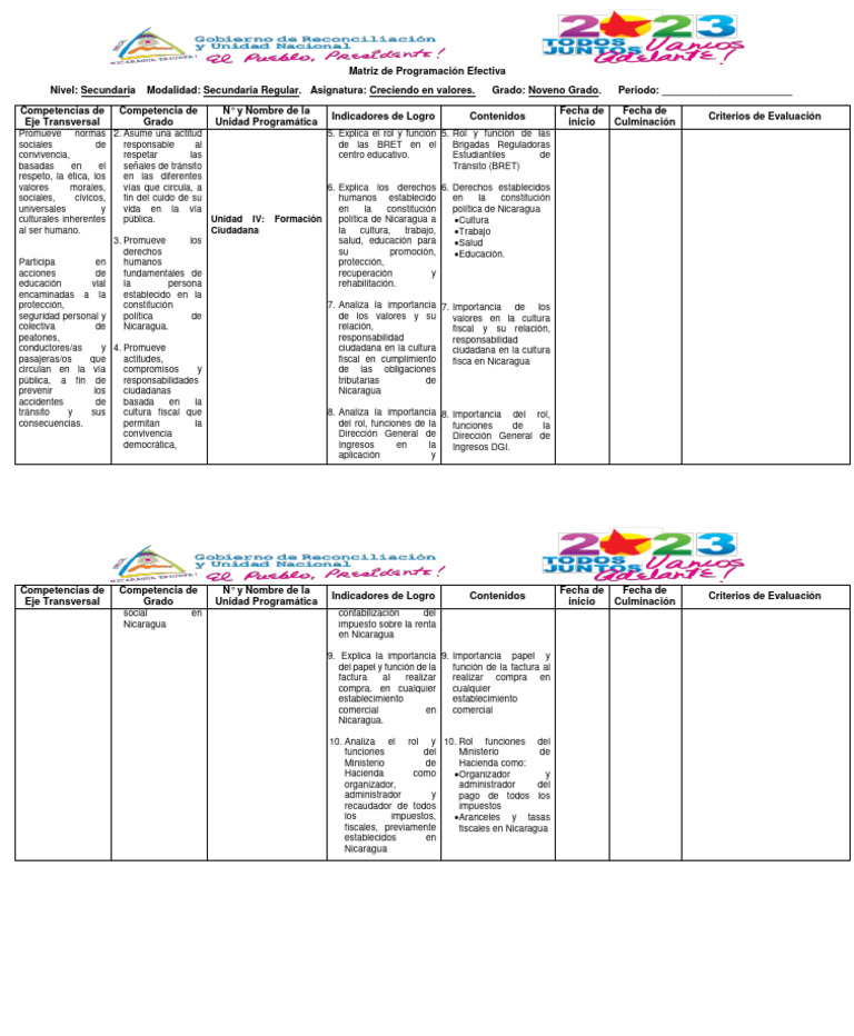 Matriz de Programación Efectiva - CREVAL - NOVENO GRADO | PDF