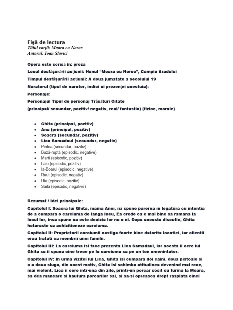 Fisa Lectura Moara Cu Noroc | PDF