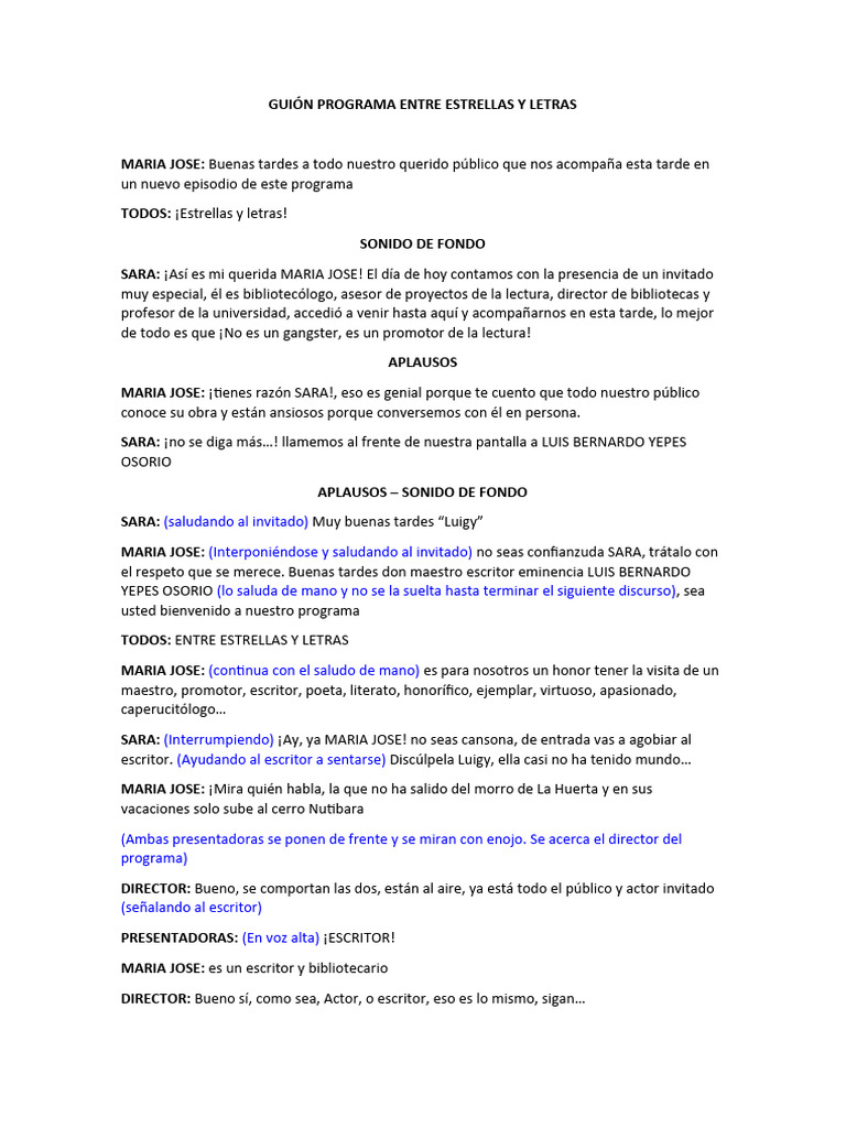 GUIÓN PROGRAMA ENTRE ESTRELLAS Y LETRAS | PDF