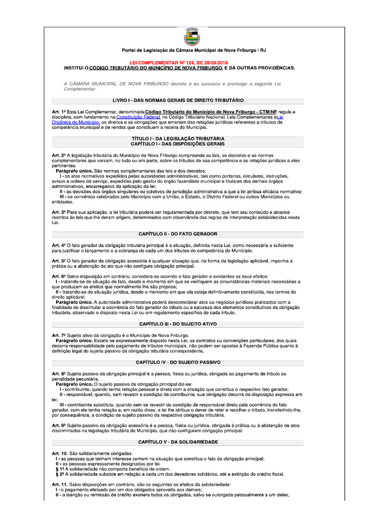 Lei Complementar 124 2018 - CÓDIGO TRIBUTÁRIO | PDF
