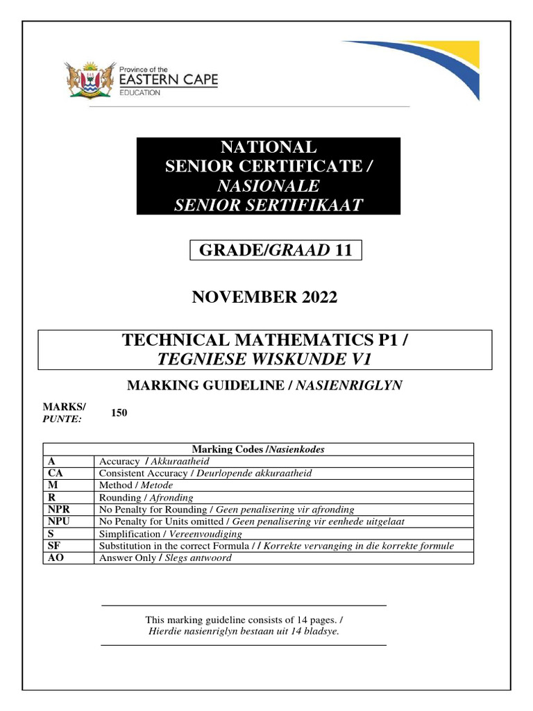 TECHNICAL MATH P1 GR11 MEMO NOV2022 - Afrikaans+English | PDF ...