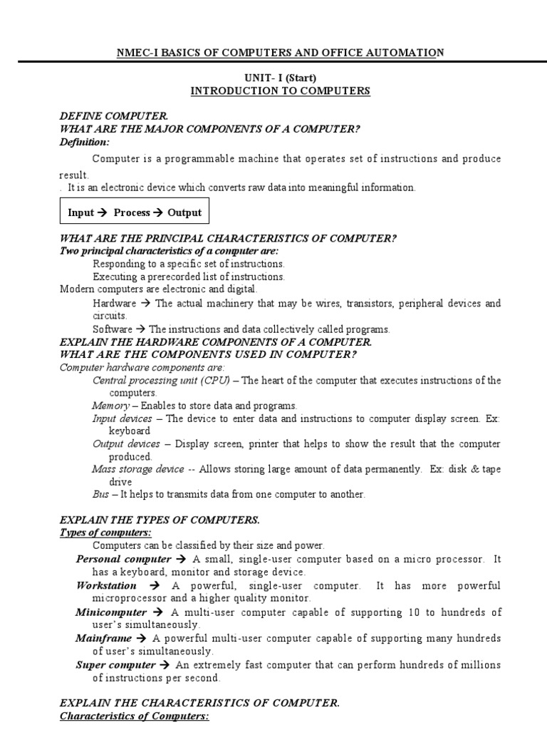 Nmec-I Basics of Computers and Office Automation UNIT-I (Start) Introduction To Computers ...