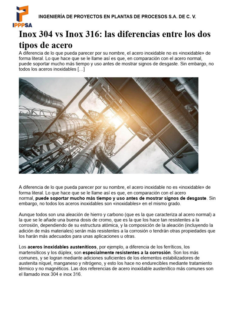 Diferencia Entre 304 y 316 | PDF | Acero inoxidable | Ingeniería de Edificación