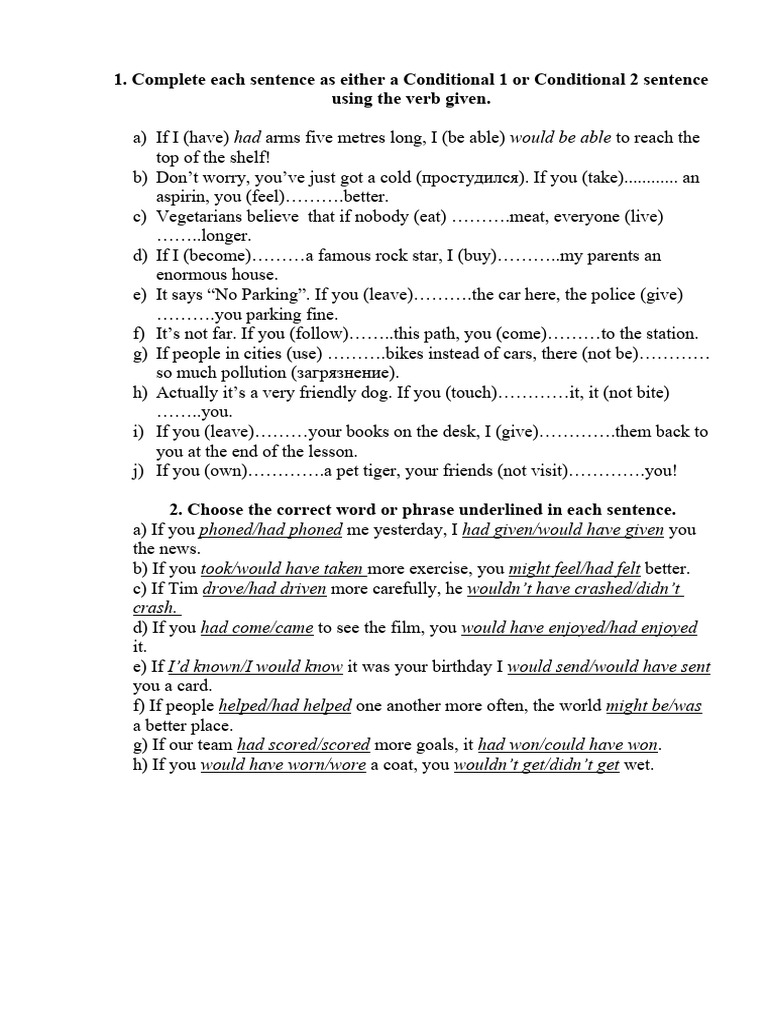 Complete Each Sentence As Either A Conditional 1 or Conditional 2 ...