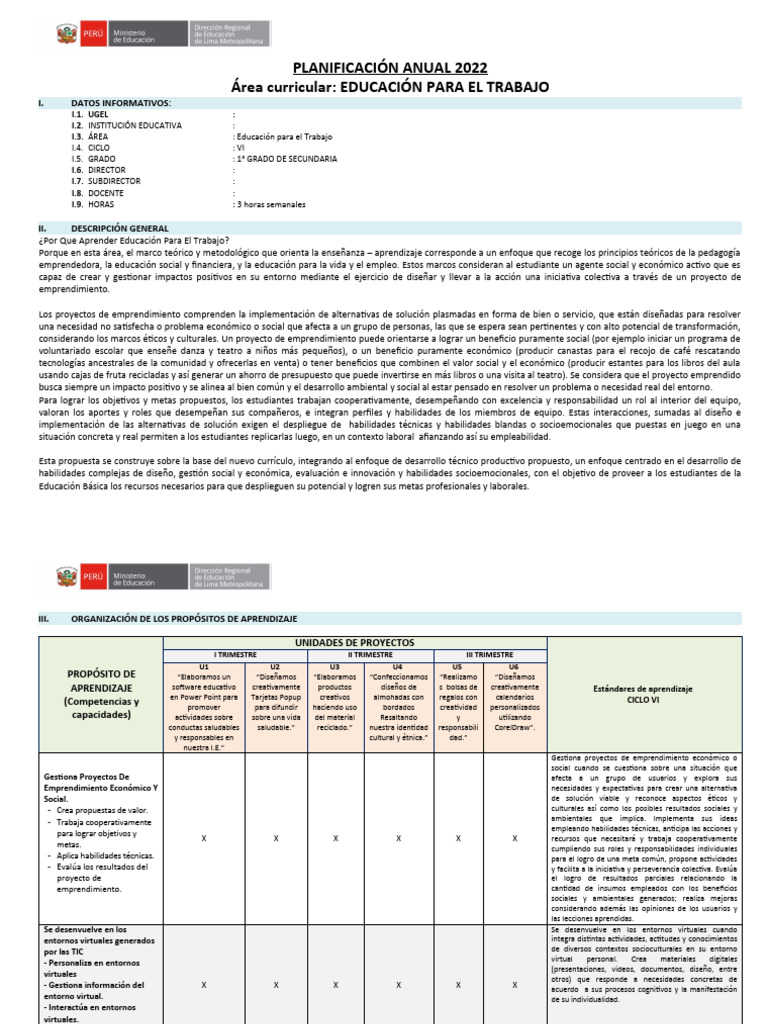 PLAN ANUAL 1 SEC EPT VI CICLO | PDF | Evaluación | Aprendizaje
